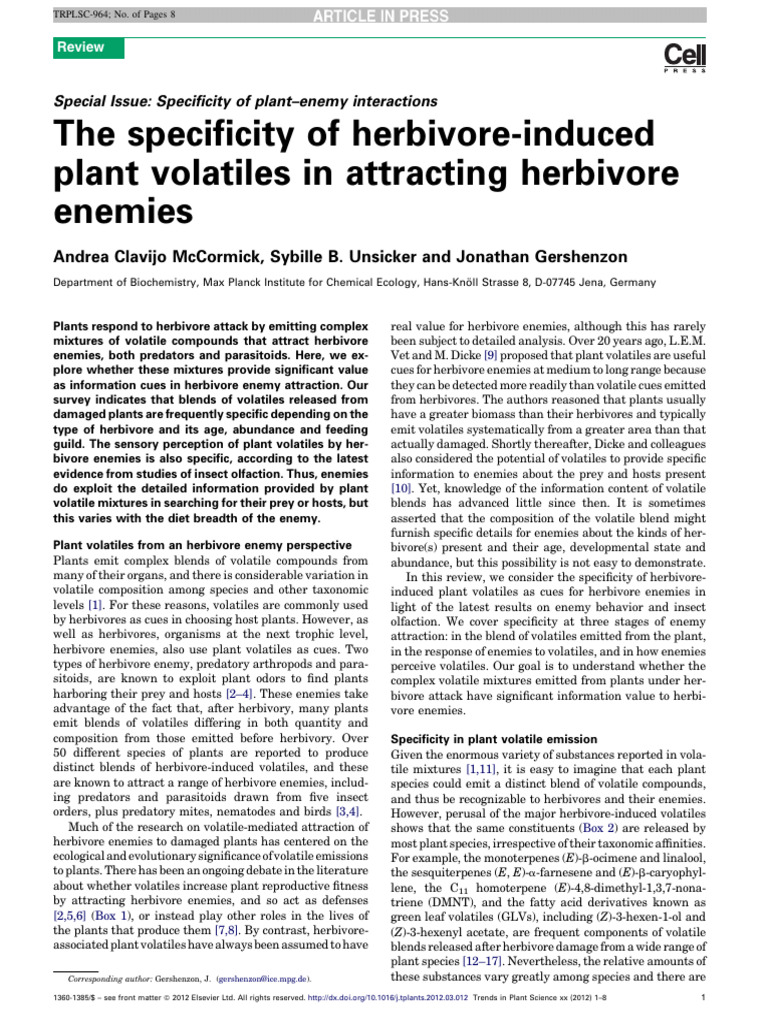 Volatile Specificity For Tritrophic Interaction 2012 | PDF | Herbivore | Odor