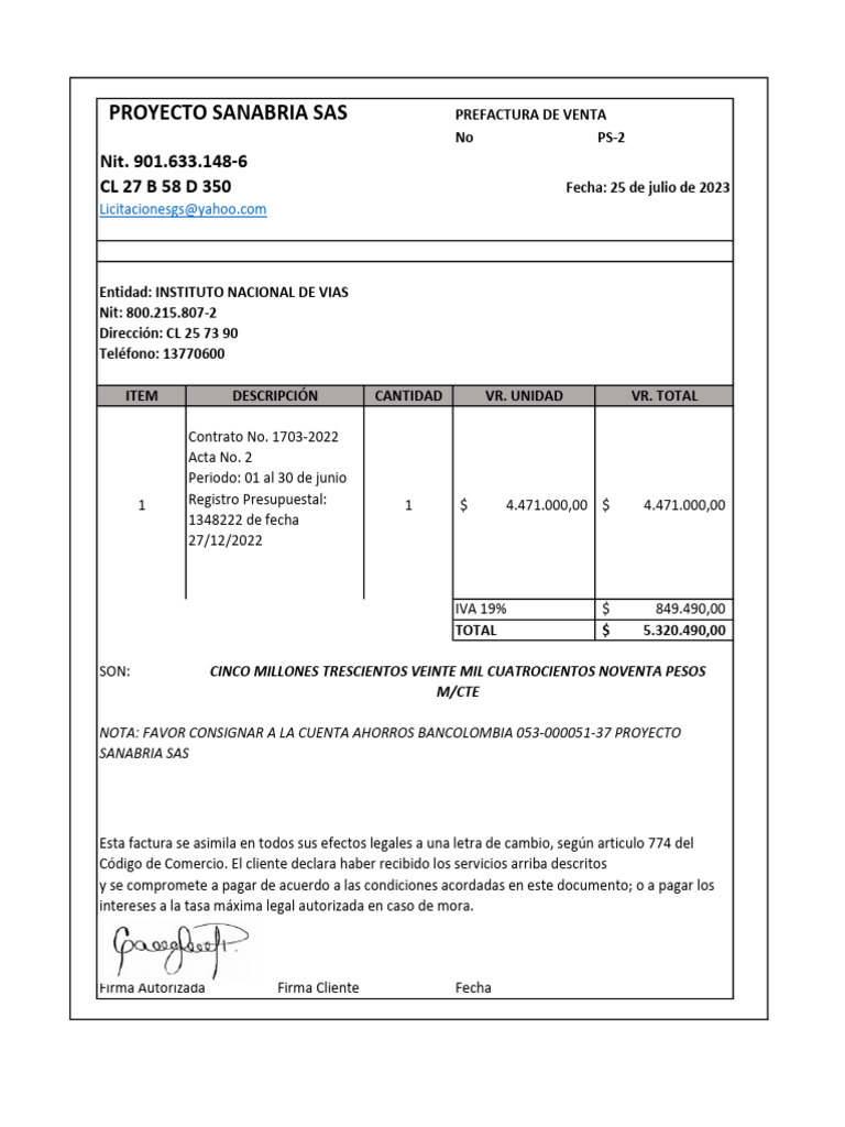 Prefactura Venta Instituto Vías 2023 | PDF | Finanzas y dinero