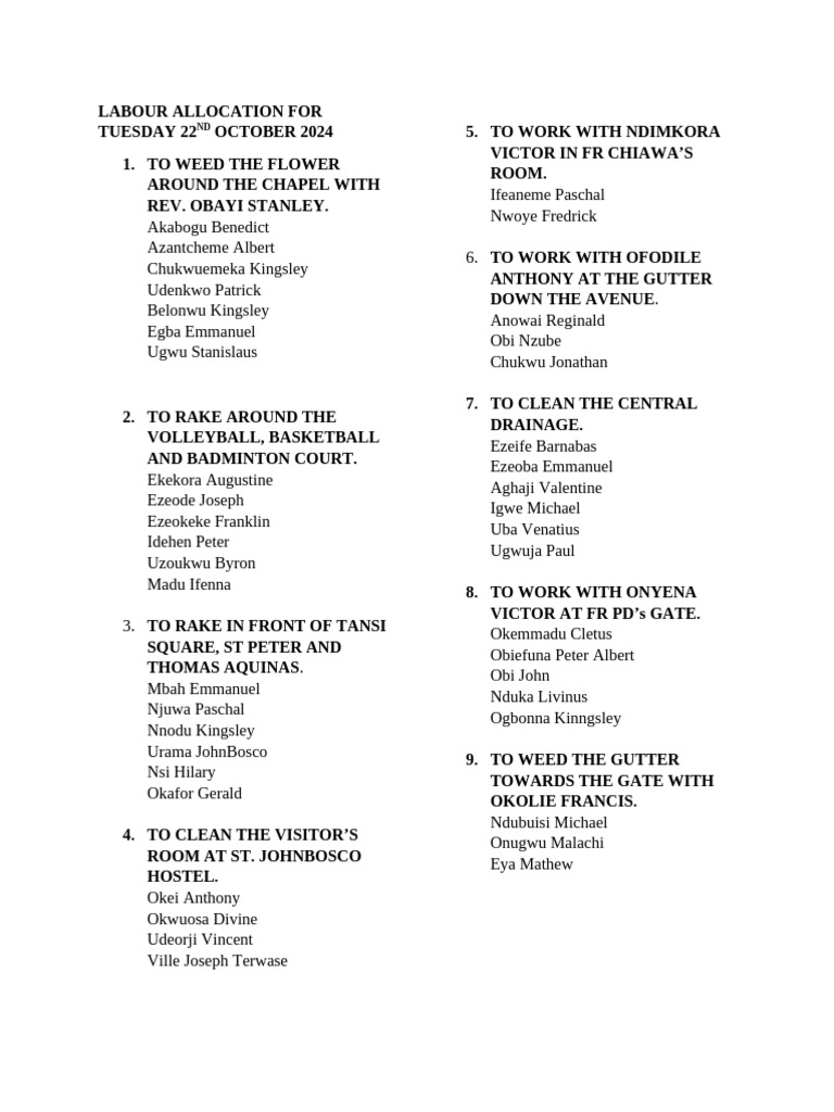 Labour Allocation For Tuesday 22nd October 2024 | PDF