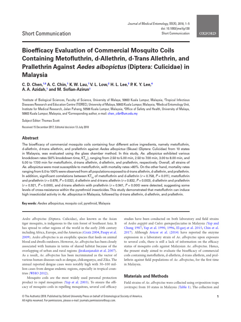 Bioefficacy Evaluation of Commercial Mosquito Coils Containing ...