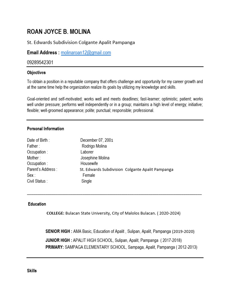Roan Joyce Molina Resume 2023 | PDF
