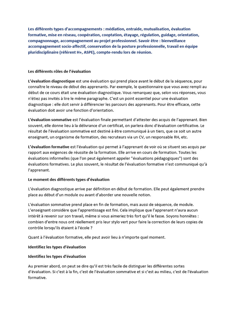 Types d'accompagnement et évaluation en formation | PDF | Apprentissage ...