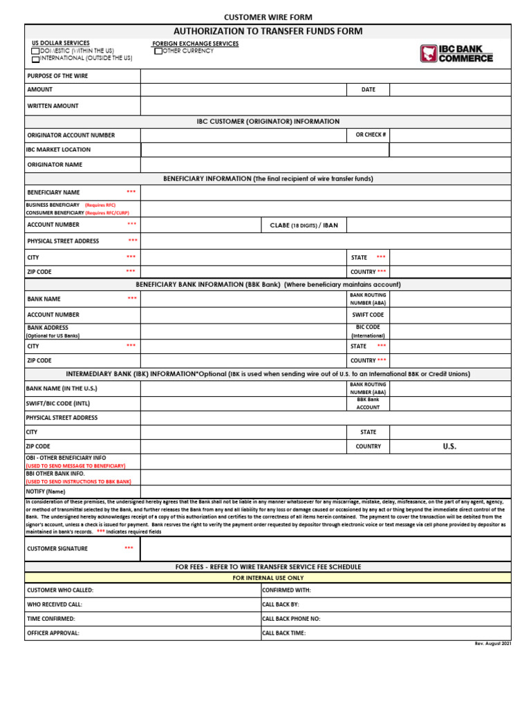 Wire Transfer Authorization Form | PDF | Wire Transfer | Service Industries