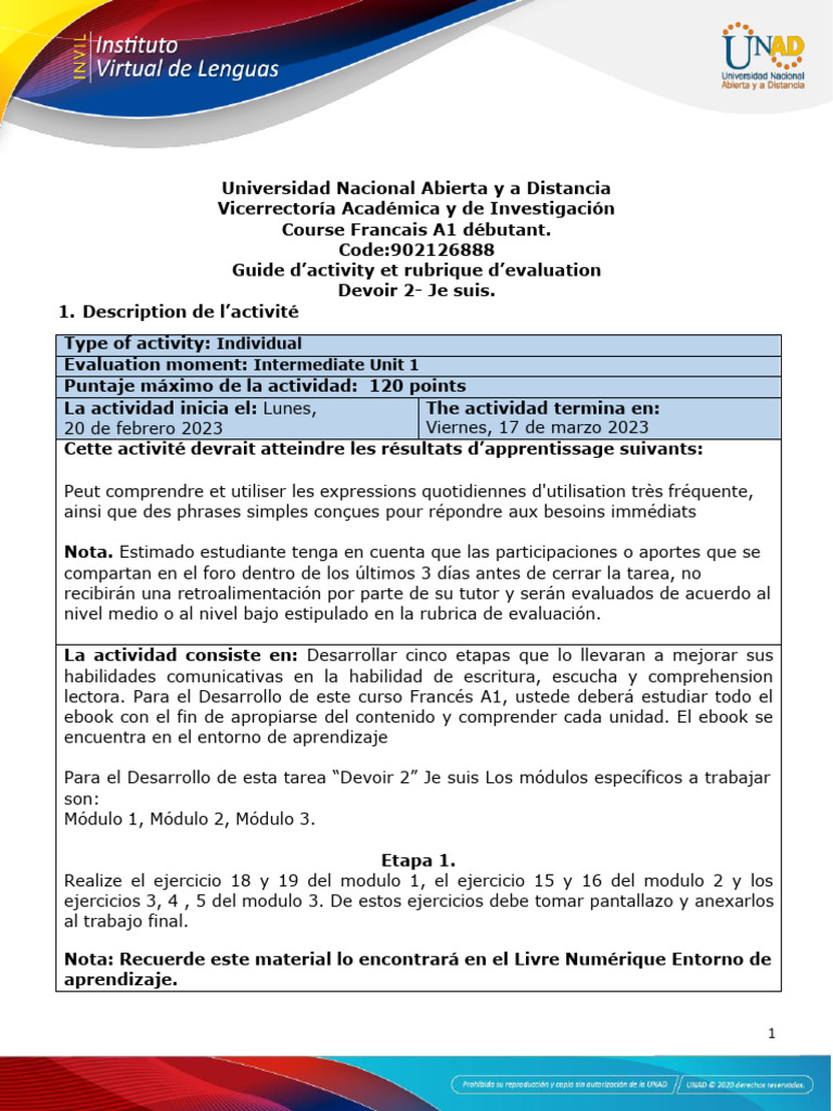 Guide D'activités Et Rubrique D'évaluation - Unité 1 - Devoir 2 - Je Suis | PDF | Gramática | Plagio