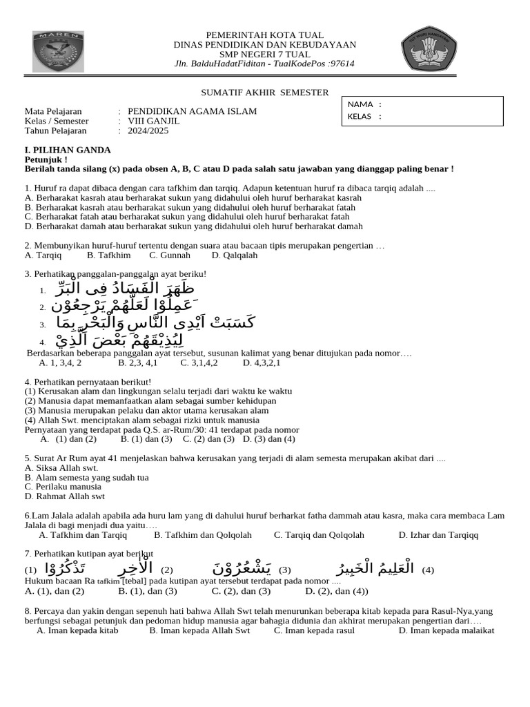 SOAL PAI KLS 8 2024-2025 | PDF
