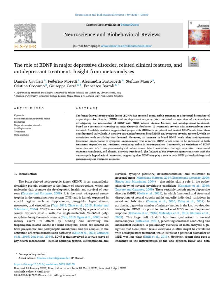 The Role of BDNF in Major Depressive Disorder, Related Clinical ...