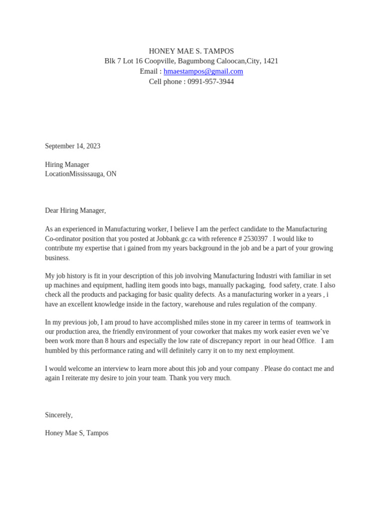 Cover Letter of Factory Worker | PDF