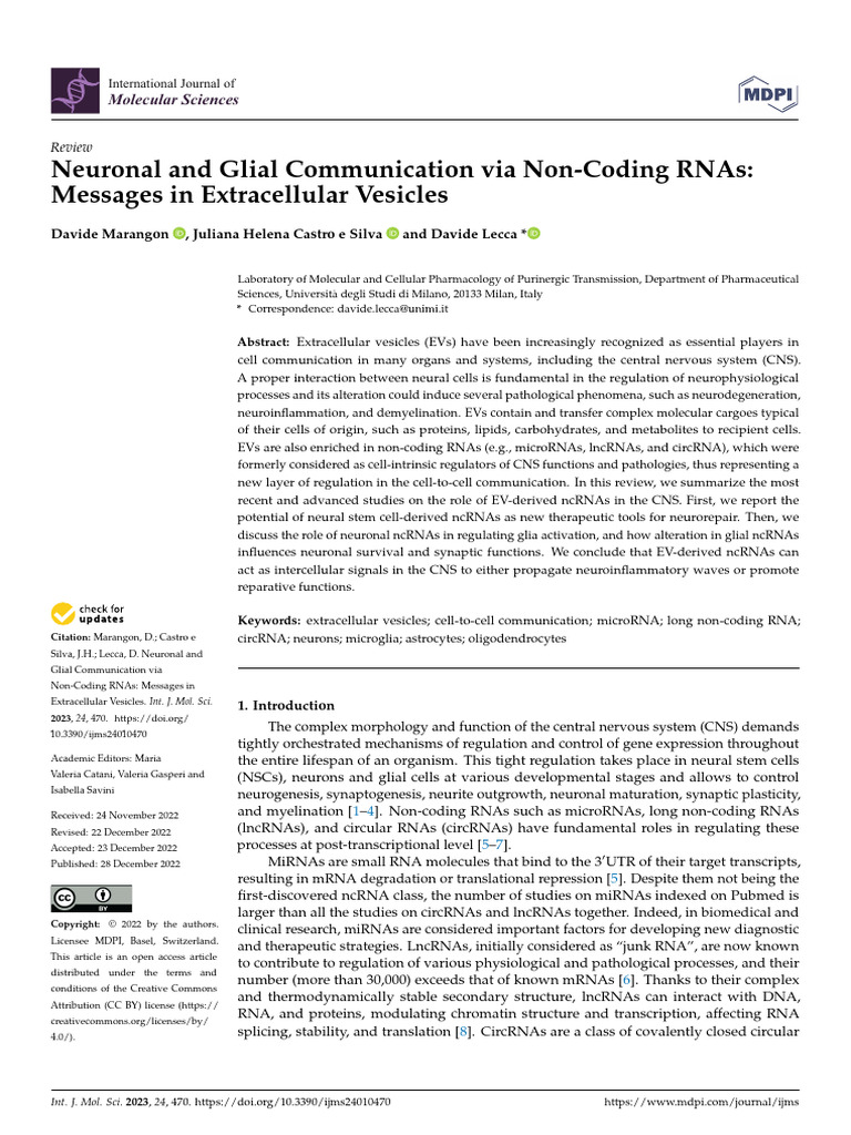 Neuronal and Glial Communication Via Non-Coding RNAs Messages in Extracellular Vesicles | PDF ...