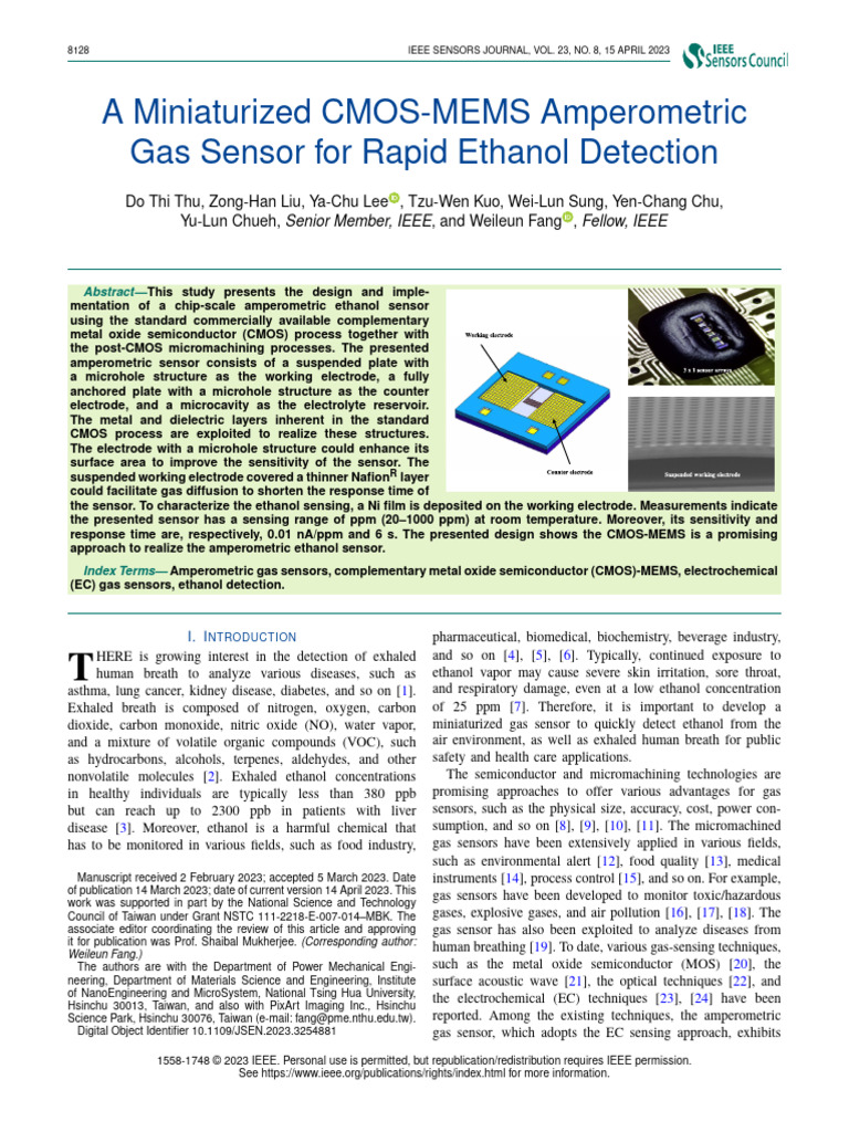 A Miniaturized CMOS-MEMS Amperometric Gas Sensor For Rapid Ethanol Detection | PDF | Sensor | Cmos
