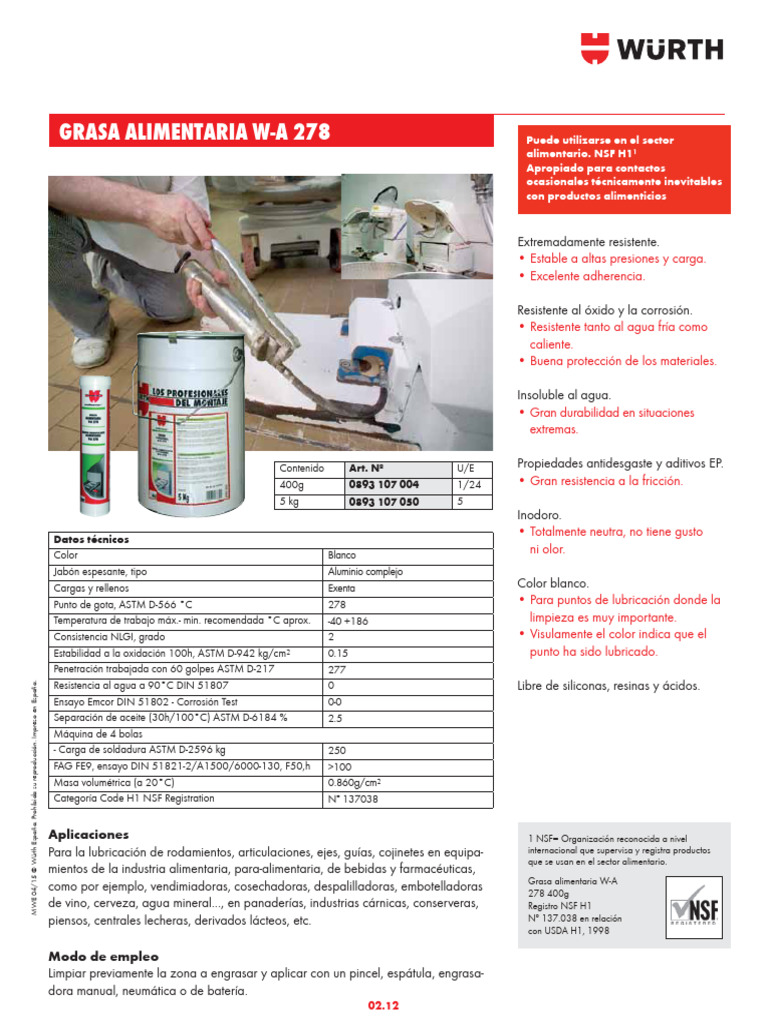 Wurth Grasa Alimentaria W-A 278 | PDF | Materiales