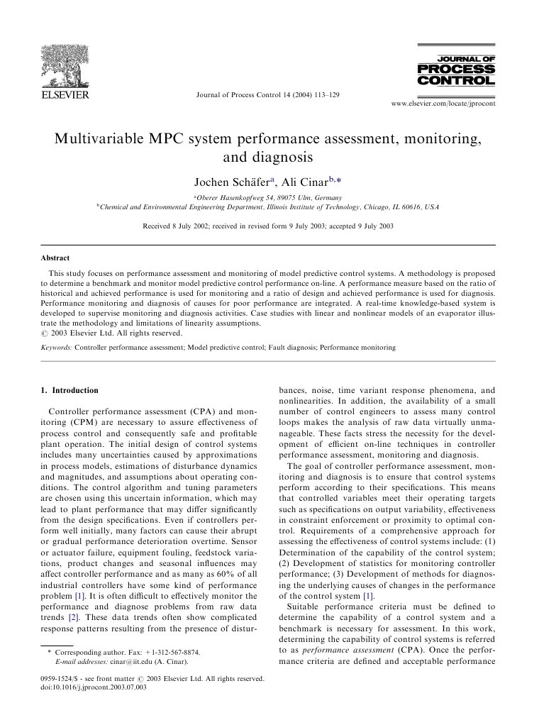 Multi Variable Mpc System Performance Assessment Monitoring And