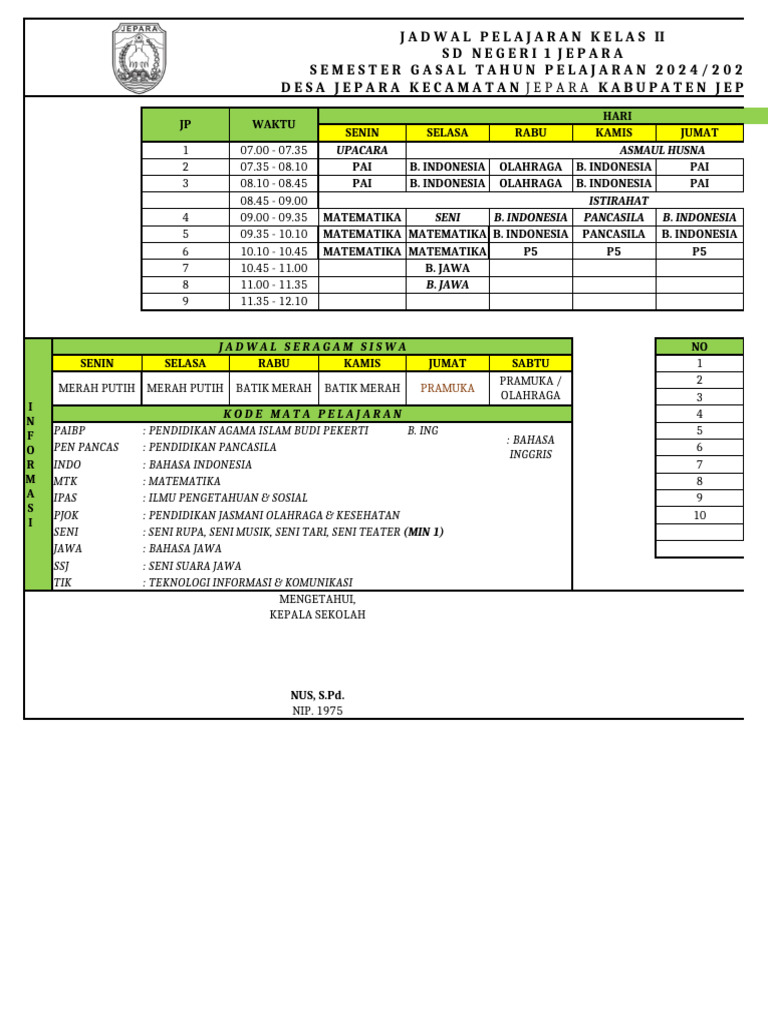 Jadwal Pelajaran Kurikulum Merdeka SD Kelas 2 | PDF
