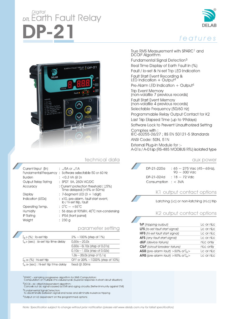 DELAB Digital Earth Fault Relay DTL DP 21 Catalog | PDF