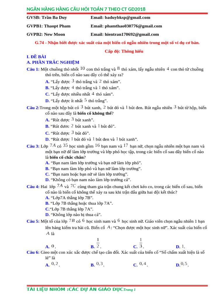 NHCH Toan7 74 Lam Quen Voi Bien Co Ngau Nhien Lam Quen Voi Bien Co | PDF