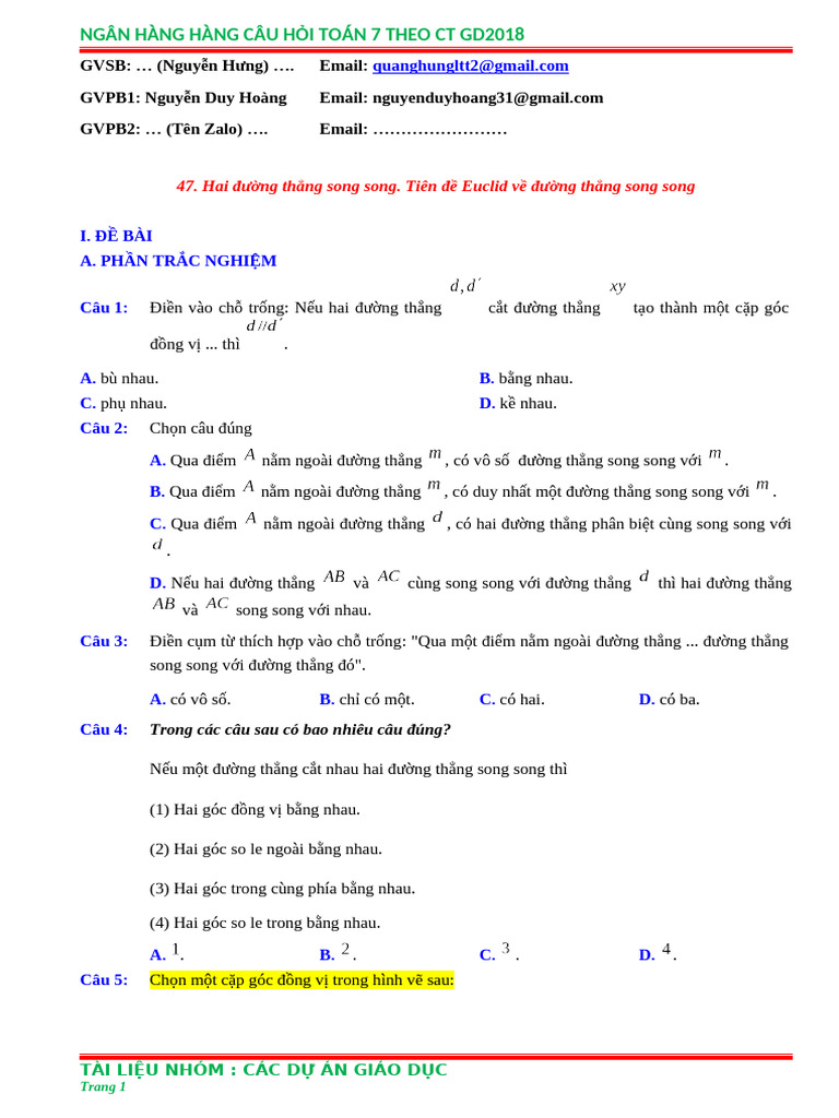 NHCH Toan7 47 Nhan Biet Hai Đuong Thang Song Song | PDF