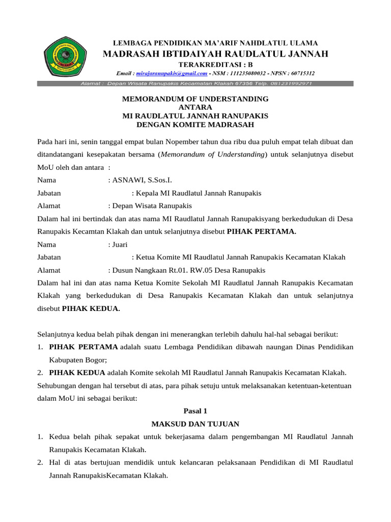 MOU Sekolah Dengan Komite | PDF