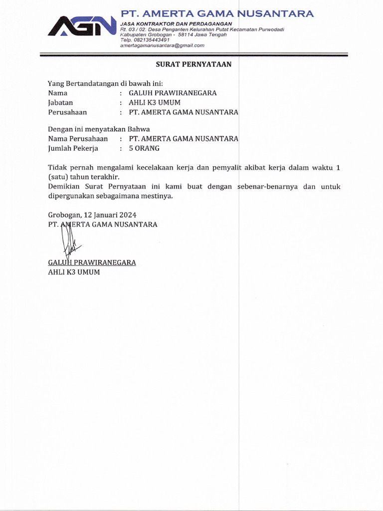 Surat Pernyataan K3 - Agn | PDF