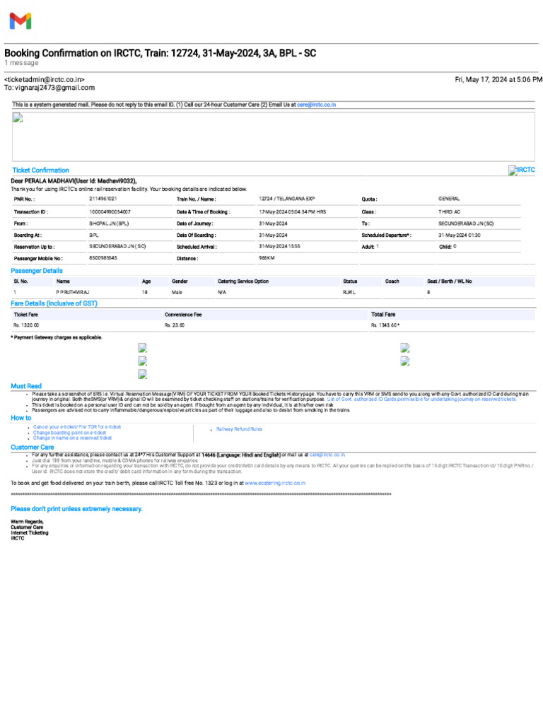 Gmail - Booking Confirmation On IRCTC, Train - 12724, 31-May-2024, 3A ...