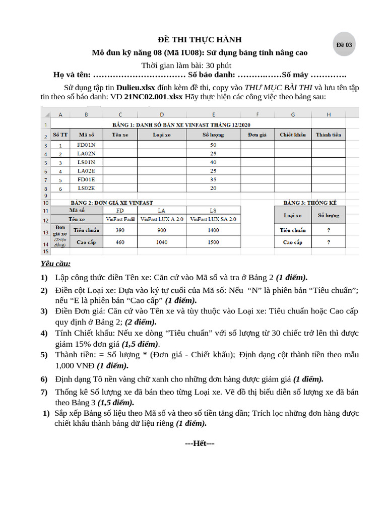 De Thi Excel NC 03 | PDF