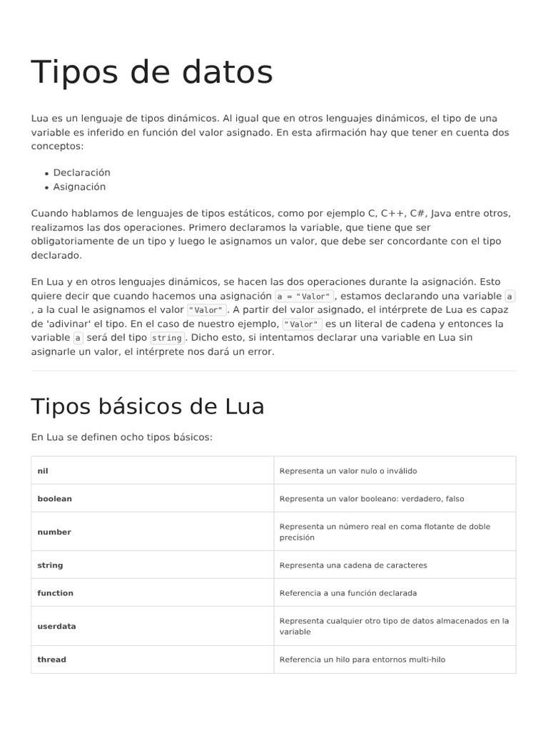 Tipos de datos en Lua: Guía completa | PDF | Lenguaje de programación ...