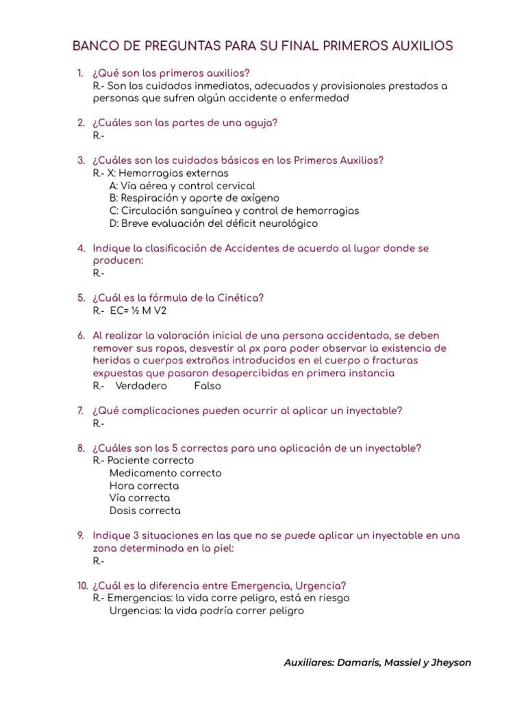 Banco de Preguntas para Su Final Primeros Auxilios | PDF | Primeros auxilios | Quemar