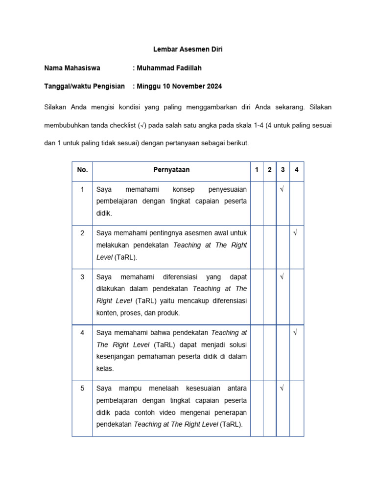 Lembar Asesmen Diri - Muhammad Fadillah | PDF | Karier & Perkembangan ...