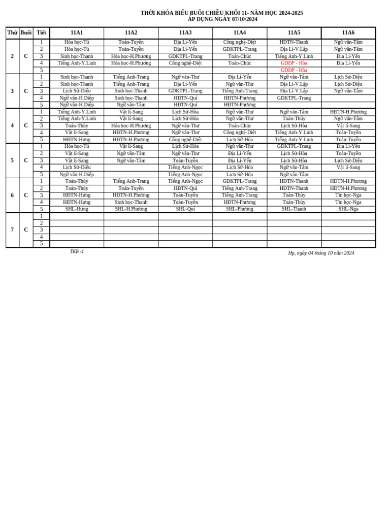 TKB Chinh Khoa K10-11-12 - Tuan 5-Ngay 07-10 | PDF