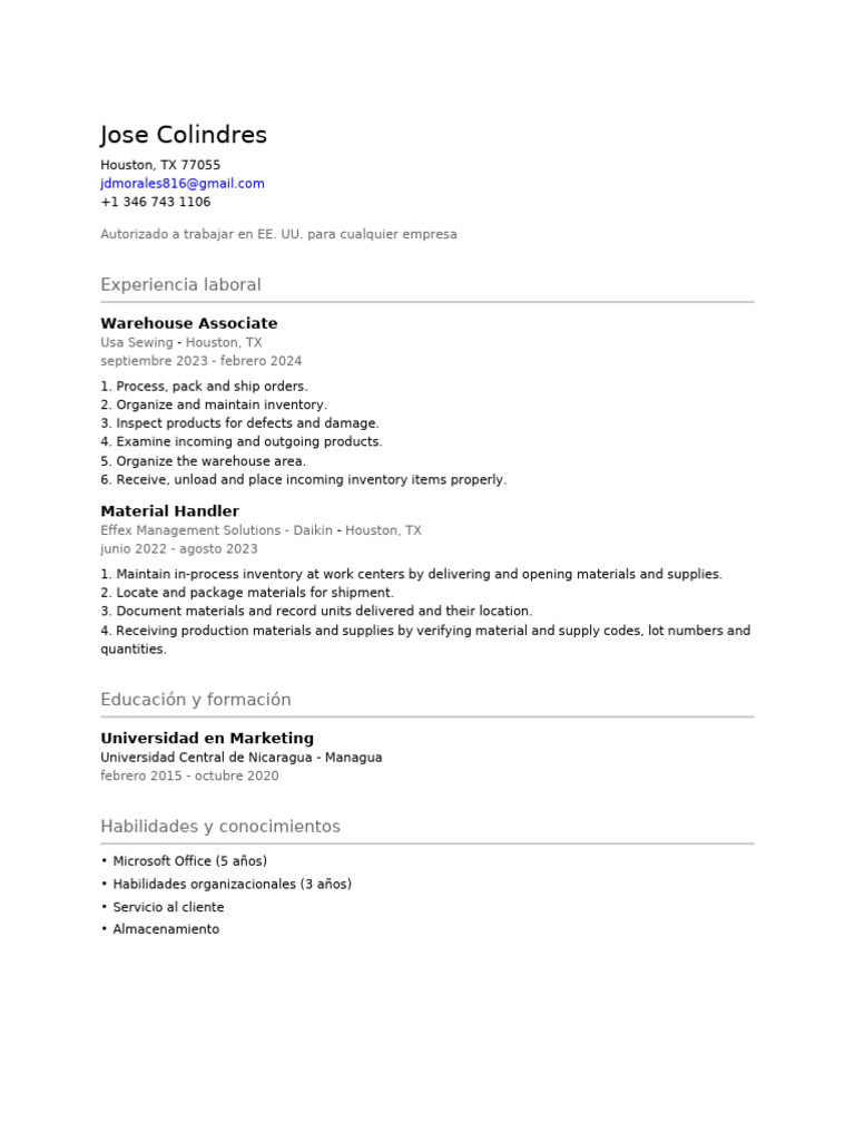 Warehouse Associate Resume - Jose Colindres | PDF