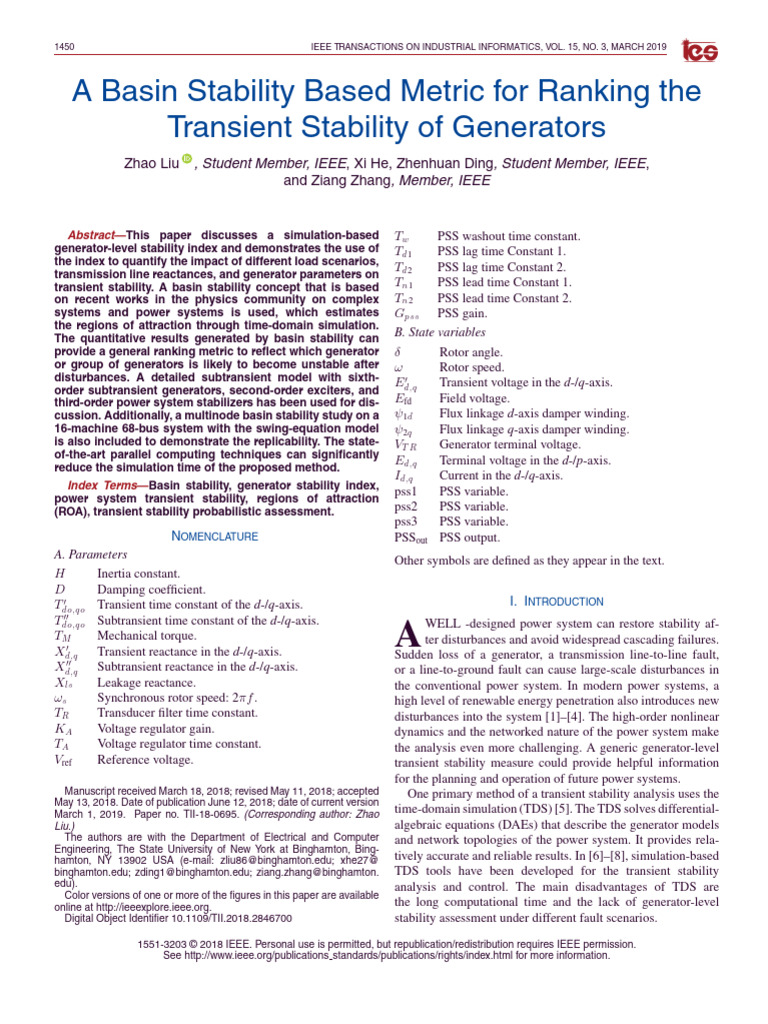 A Basin Stability Based Metric For Ranking The Transient Stability of Generators | PDF ...