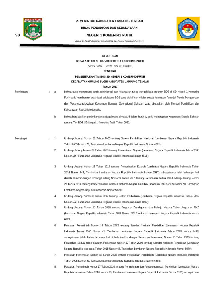 Pembentukan Tim BOS SDN 1 Komering Putih | PDF
