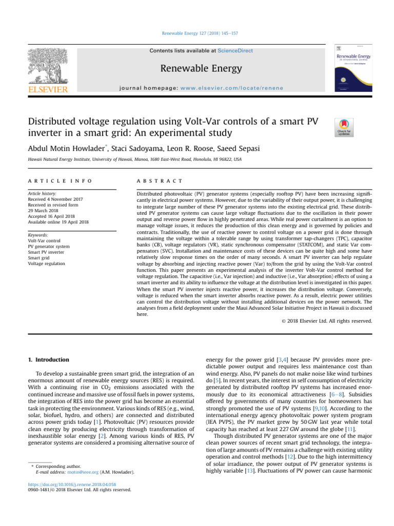 Distributed Voltage Regulation Using Volt-Var Controls of A Smart PVinverter in A Smart Grid ...