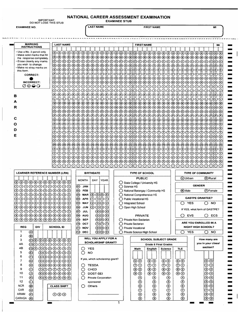 NCAE Sample Answer Sheet | PDF