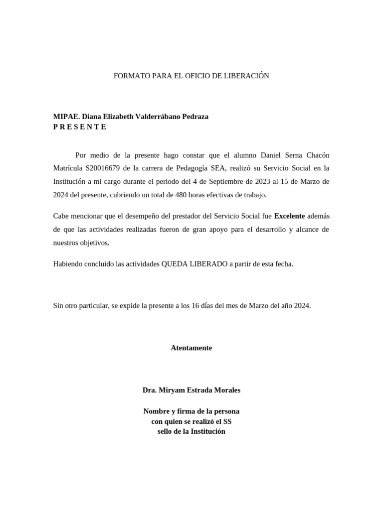 Formato 4 Oficio Liberación | PDF