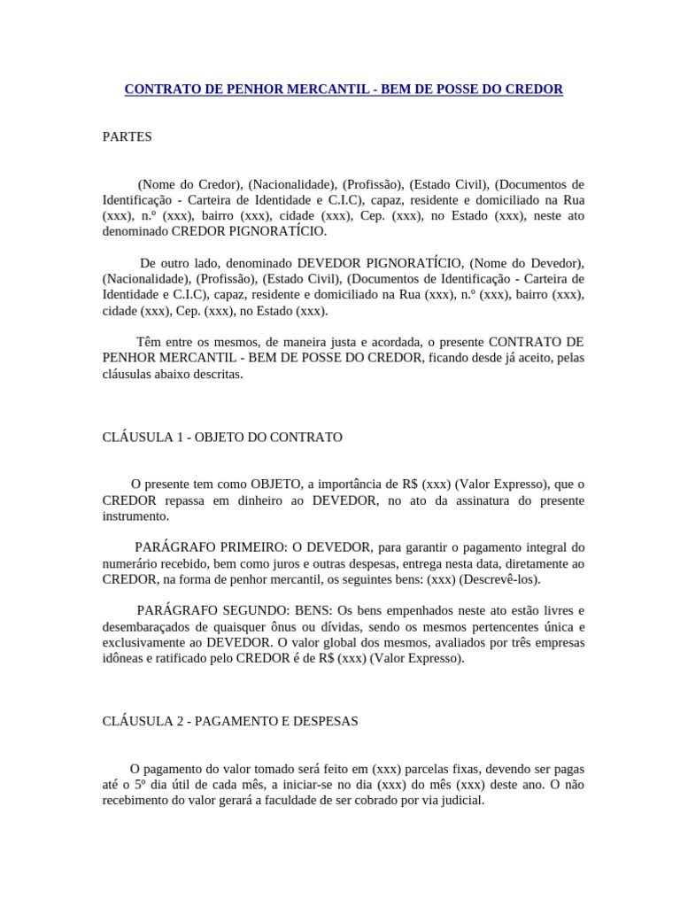 Contrato de Penhor Mercantil Simplificado | PDF | Crédito | Finanças e ...