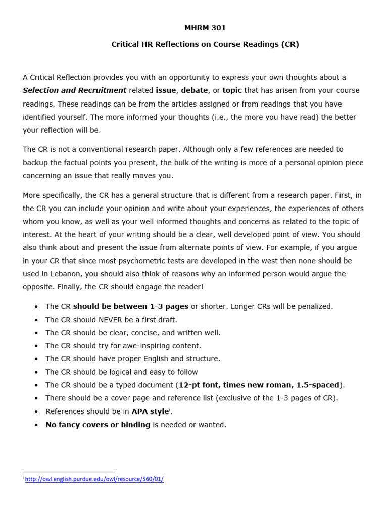 Critical Reflection Select and Recruit MHRM301 | PDF