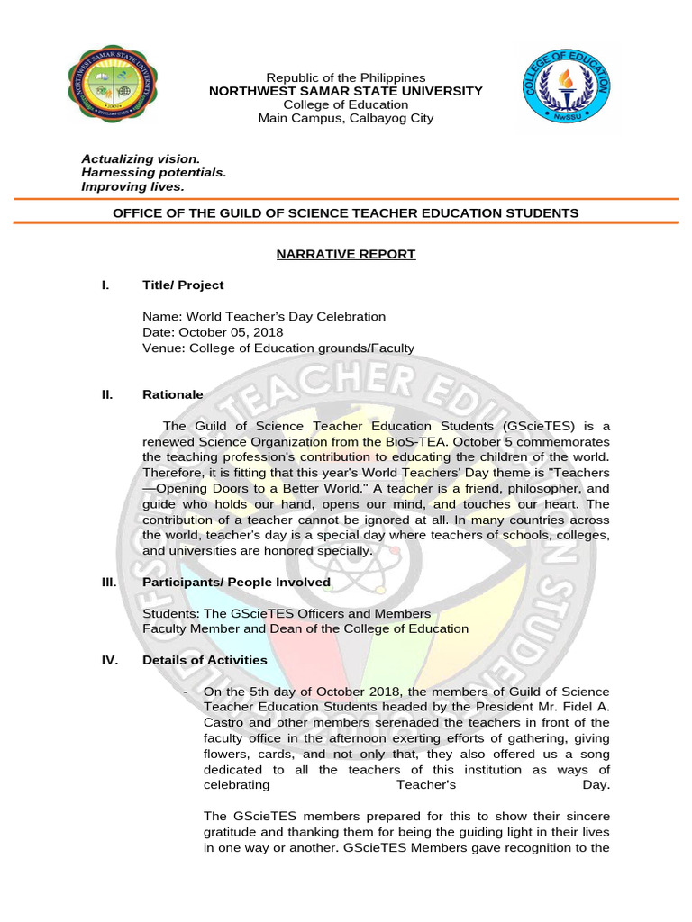 Narrative Report of The Teachers Day | PDF | Wellness