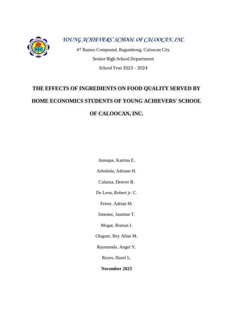 The Effects of Ingredients On Food Quality Served by Home Economics ...