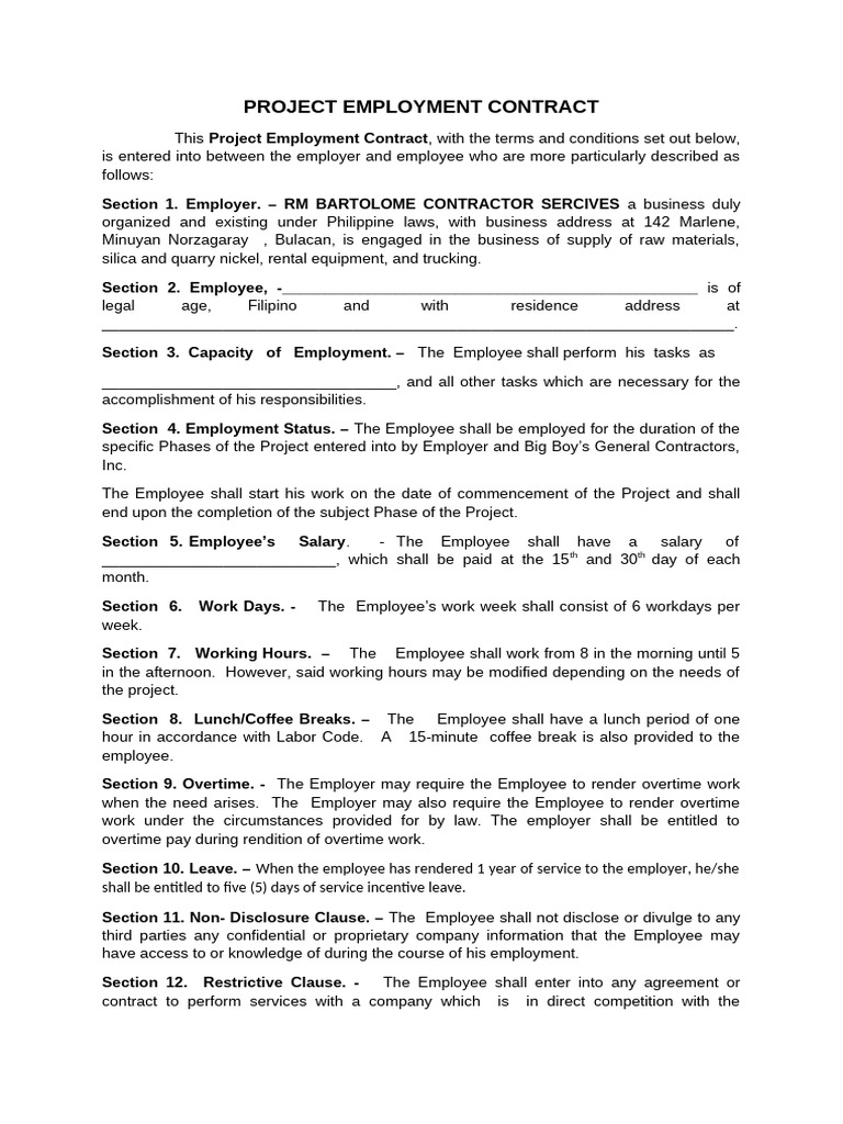 Project Employment Contract Template | PDF | Employment | Overtime