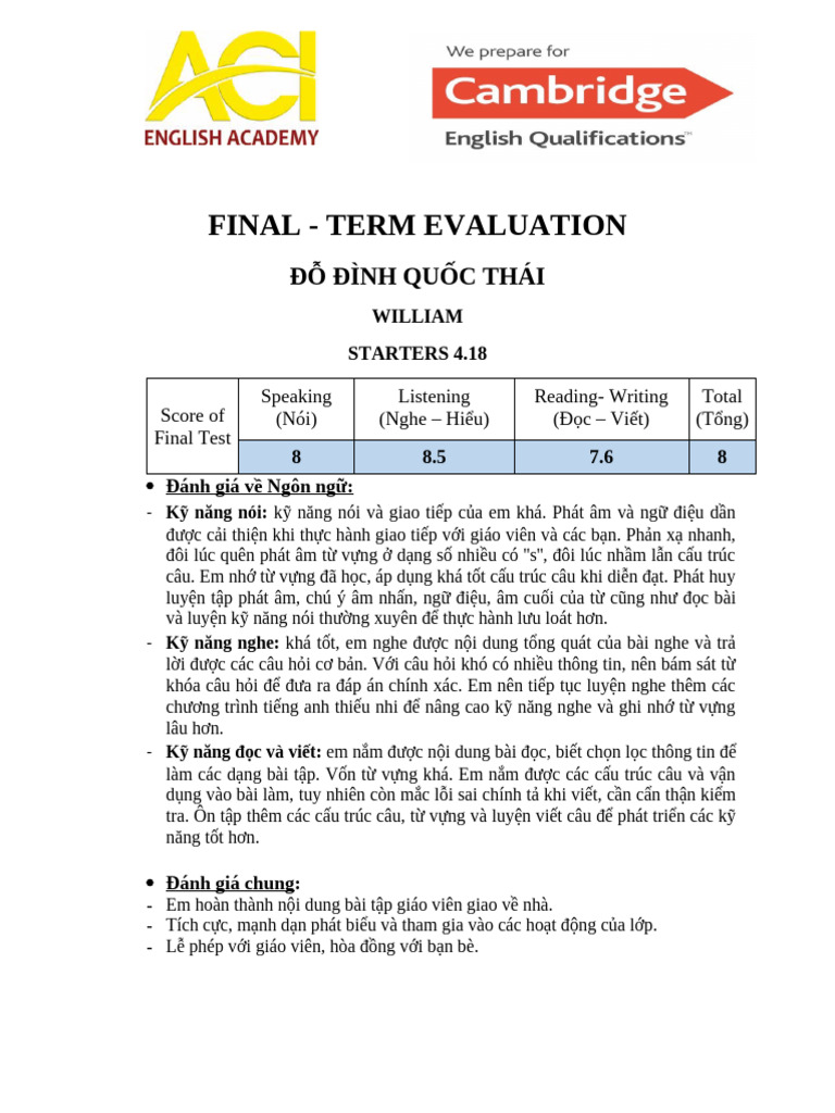 Final Evaluations of Starters 4.18 | PDF