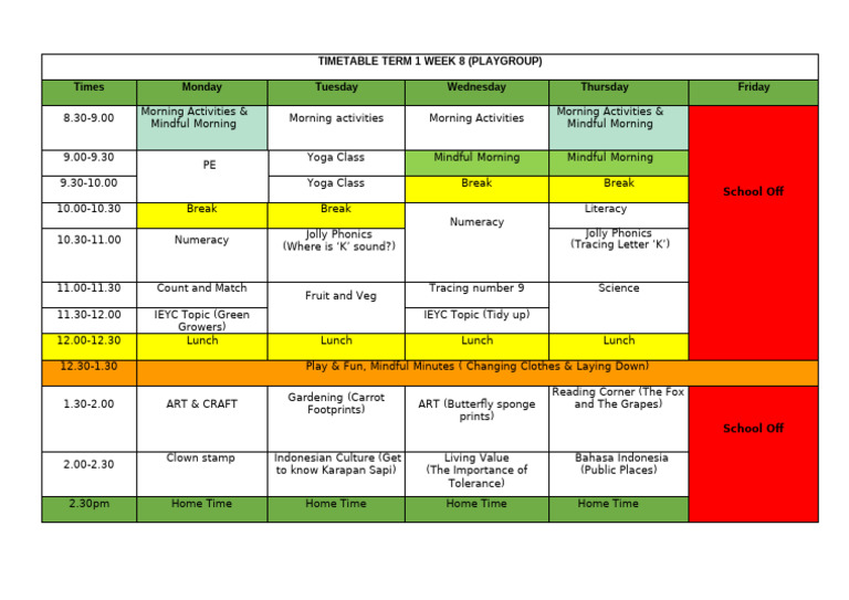 Timetable Term 1 Week 8 - Playgroup | PDF | Literacy | Learning Methods