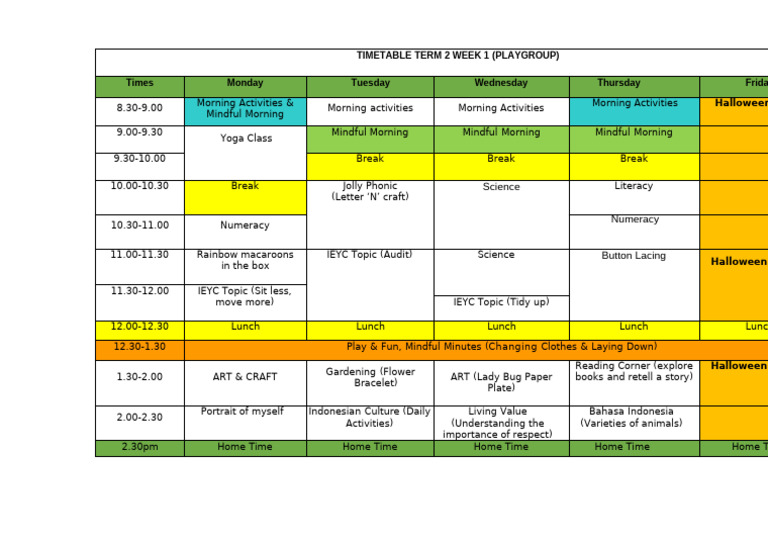 Timetable Term 2 Week 1 - Playgroup | PDF | Reading (Process)