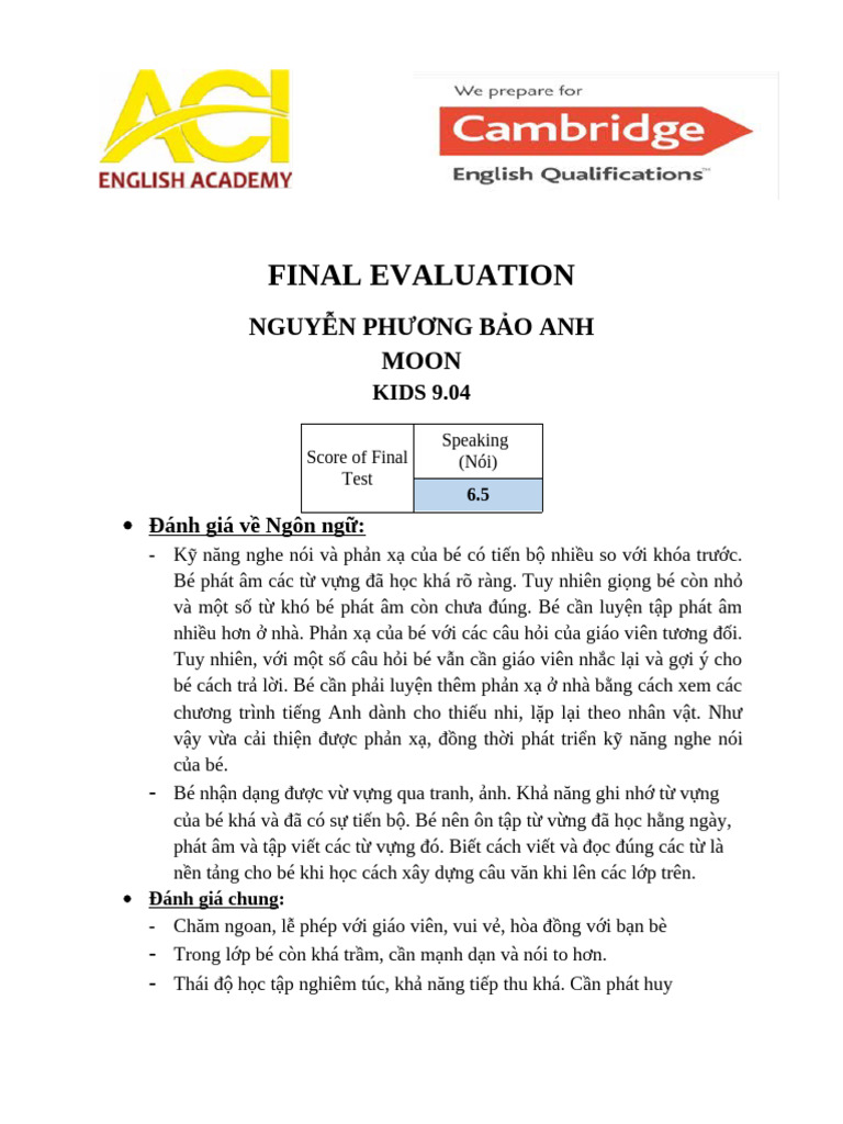 Final Evaluation Kids 9.04 | PDF