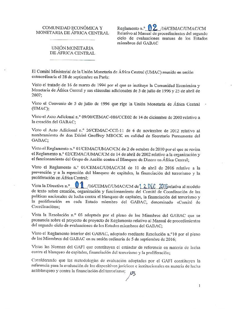 12 Reglamento N.°02 - CEMAC - UMAC - CM Del 12 Diciembre 2016 Relativa Al Manual | PDF