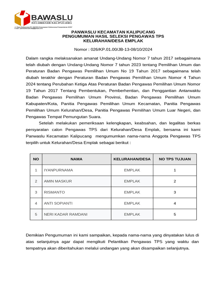 Pengumuman Pengawas TPS Emplak 2024 | PDF | Hukum