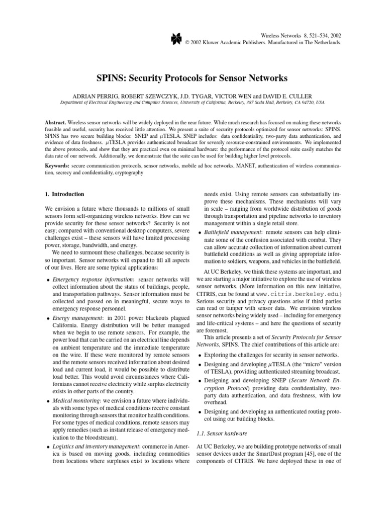 SPINS Security Protocols For Sensor Netw | PDF | Wireless Sensor Network | Encryption