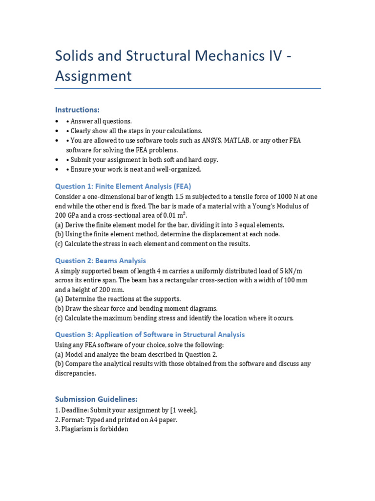 Solids and Structural Mechanics IV Assignment | PDF | Teaching Methods & Materials | Science ...
