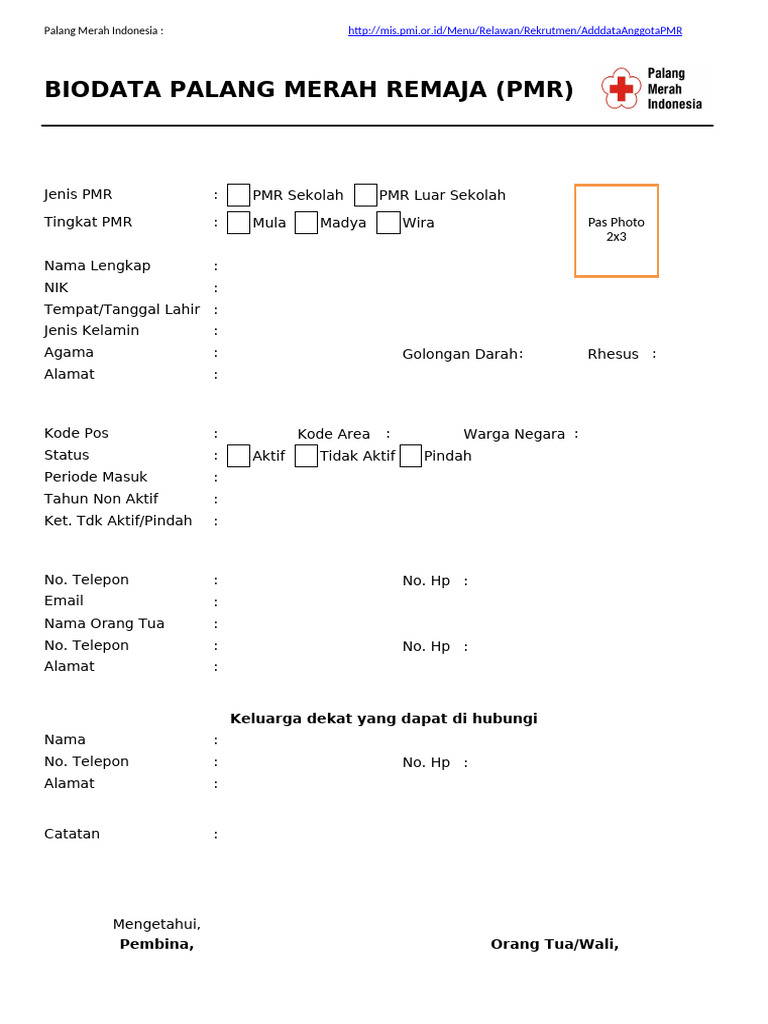 Biodata Anggota PMR Mula - Madya - Wira | PDF