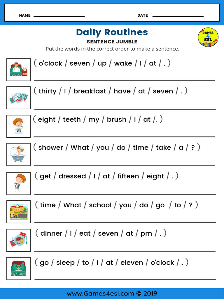 Daily Routine Worksheet Sentence Jumble | PDF