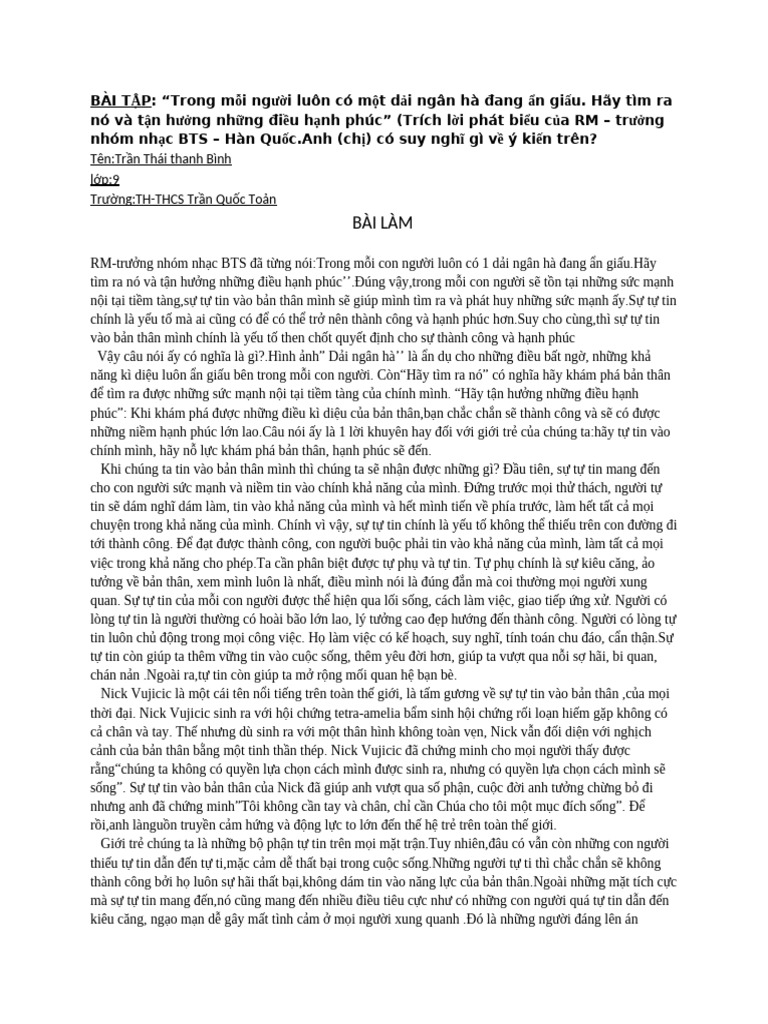 BÀI VĂN NLXH VỀ CÂU NÓI CỦA RM (BTS) | PDF