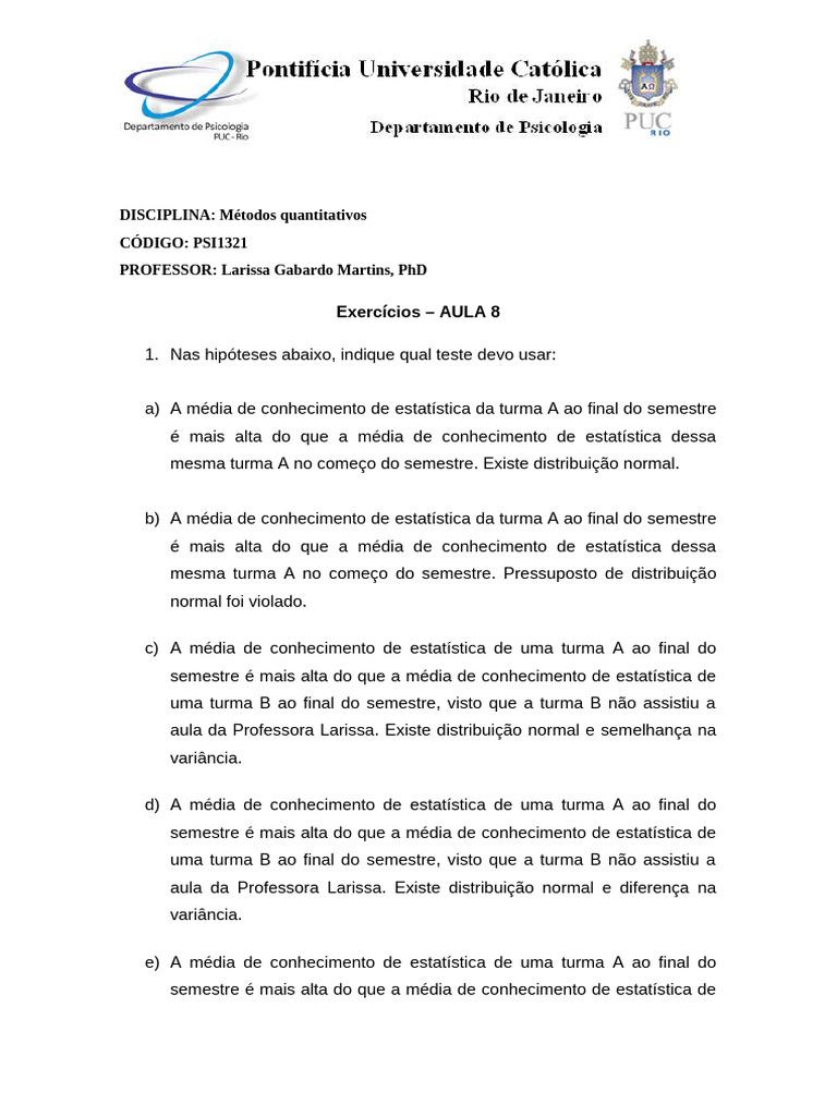 Exercicios TESTE T | PDF | Teste T de Student | Probabilidade e estatística